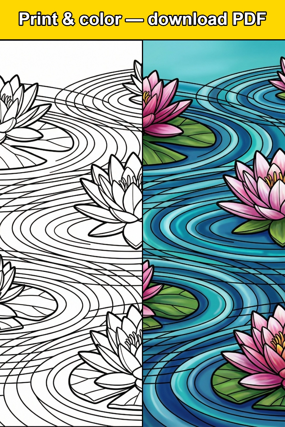Zen Water Lilies & Lotus Pond: Modern Ripple Art Coloring Page ...